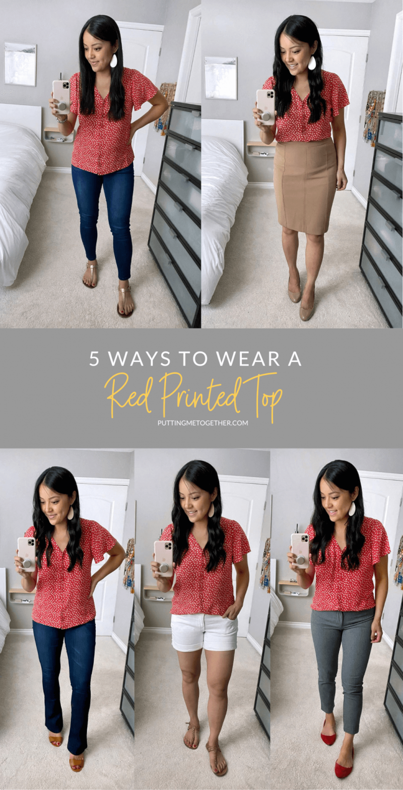 5 Casual and Business Casual Outfits With a Red Printed Top